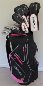 ladies complete golf club set - driver, fairway wood, 2 hybrid clubs, irons, putter, and deluxe bag pink right hand