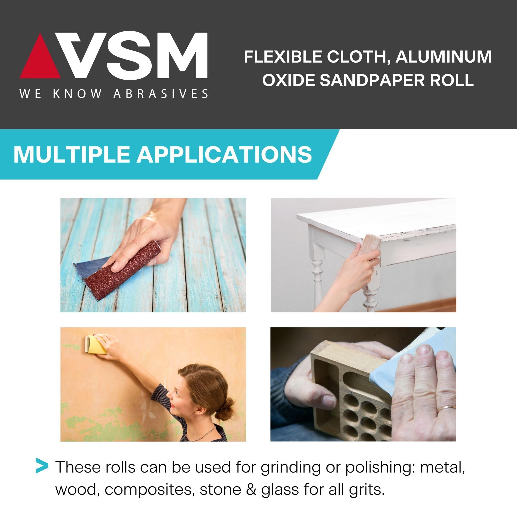 VSM Aluminum Oxide Abrasive Sanding Shop Roll, 2 inch x 50 Yard, 150 Grit, Fine, F Weight Cotton Cloth Backed Sandpaper Roll, for Hand Finishing, Woodworking, Metal Working, Polishing