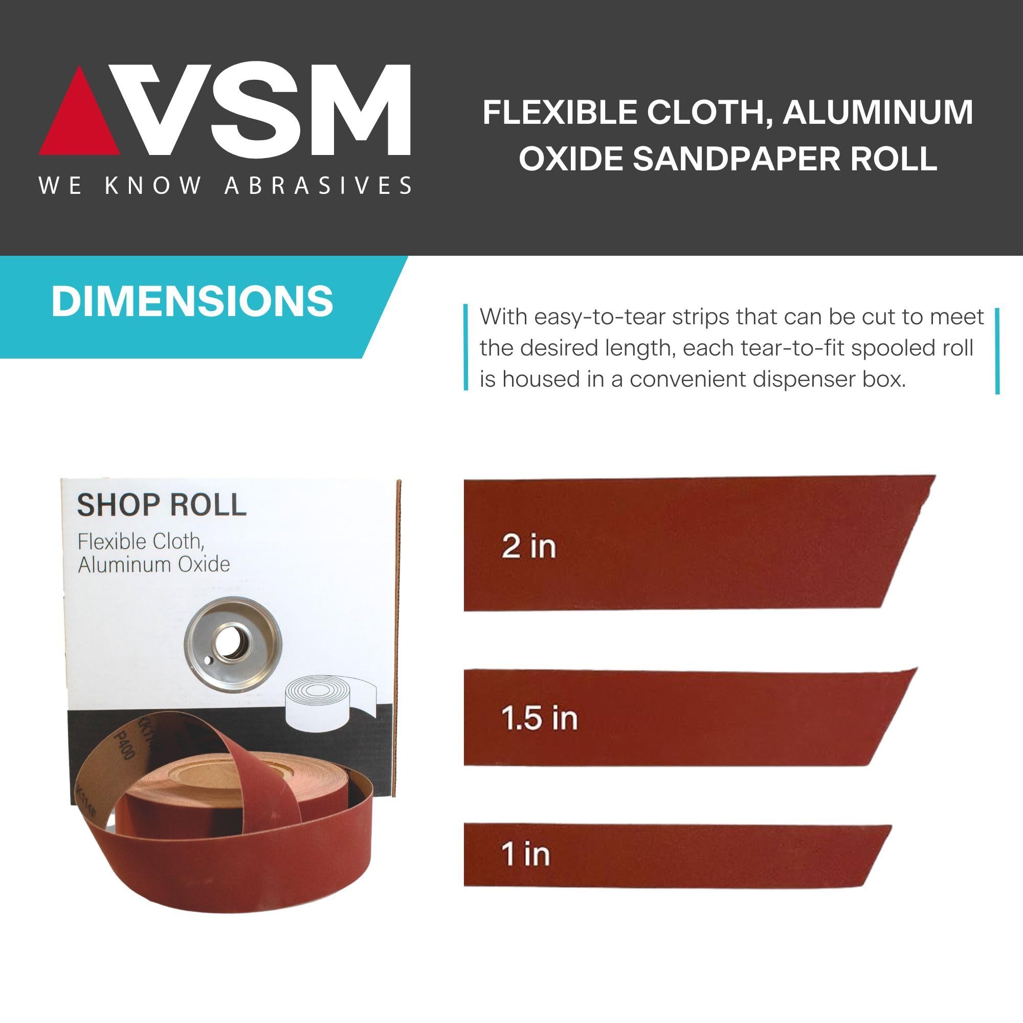 VSM Aluminum Oxide Abrasive Sanding Shop Roll, 2 inch x 50 Yard, 150 Grit, Fine, F Weight Cotton Cloth Backed Sandpaper Roll, for Hand Finishing, Woodworking, Metal Working, Polishing