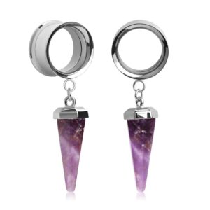 kubooz(1 pair amethyst-stone pendant stainless steel ear plugs tunnels gauges stretcher piercings 0g