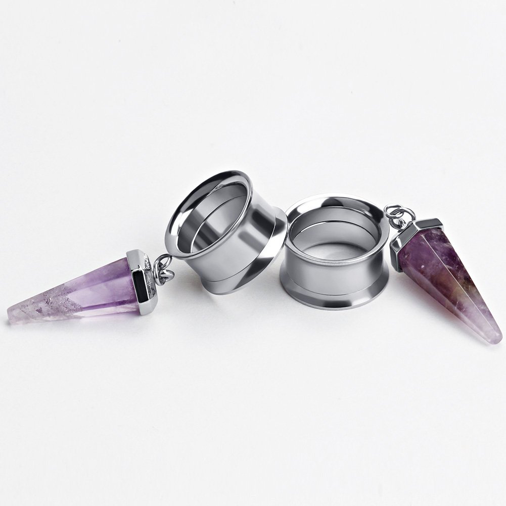 KUBOOZ(1 Pair Amethyst-stone Pendant Stainless Steel Ear Plugs Tunnels Gauges Stretcher Piercings 0g