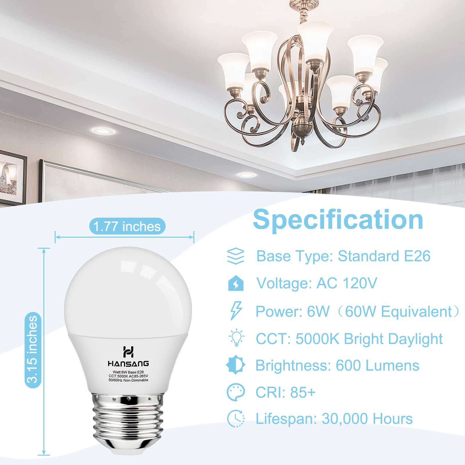 hansang A15 LED E26 Small Light Bulb, Daylight 5000K, 60Watt Equivalent Ceiling Fan Light Bulbs, E26 Standard Base Appliance Light Bulb, 600 Lumen, CRI85+, Eye Protection, 120V, Non-Dimmable 6 Pack