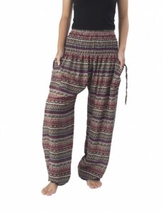 lannaclothesdesign harem pants women high waist bohemian yoga pants with pockets - boho hippie clothes (l, brown green paisley)