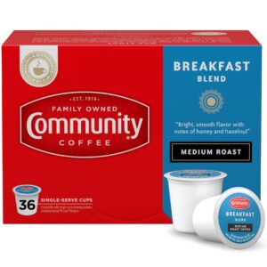 community coffee breakfast blend 36 count coffee pods, medium roast, compatible with keurig 2.0 k-cup brewers, 36 count (pack of 1)