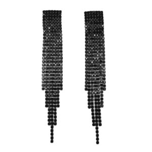 black extra long bling bling tassel earrings statement art deco great gatsby rhinestone crystal drop earrings beauty pageant bridal wedding party earrings jewelry (black)