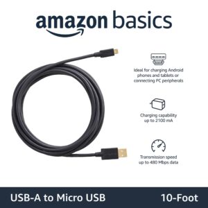 Amazon Basics 5-Pack USB-A to Micro USB Charging Cable, 480Mbps Transfer Speed with Gold-Plated Plugs, USB 2.0, 10 Foot, Black