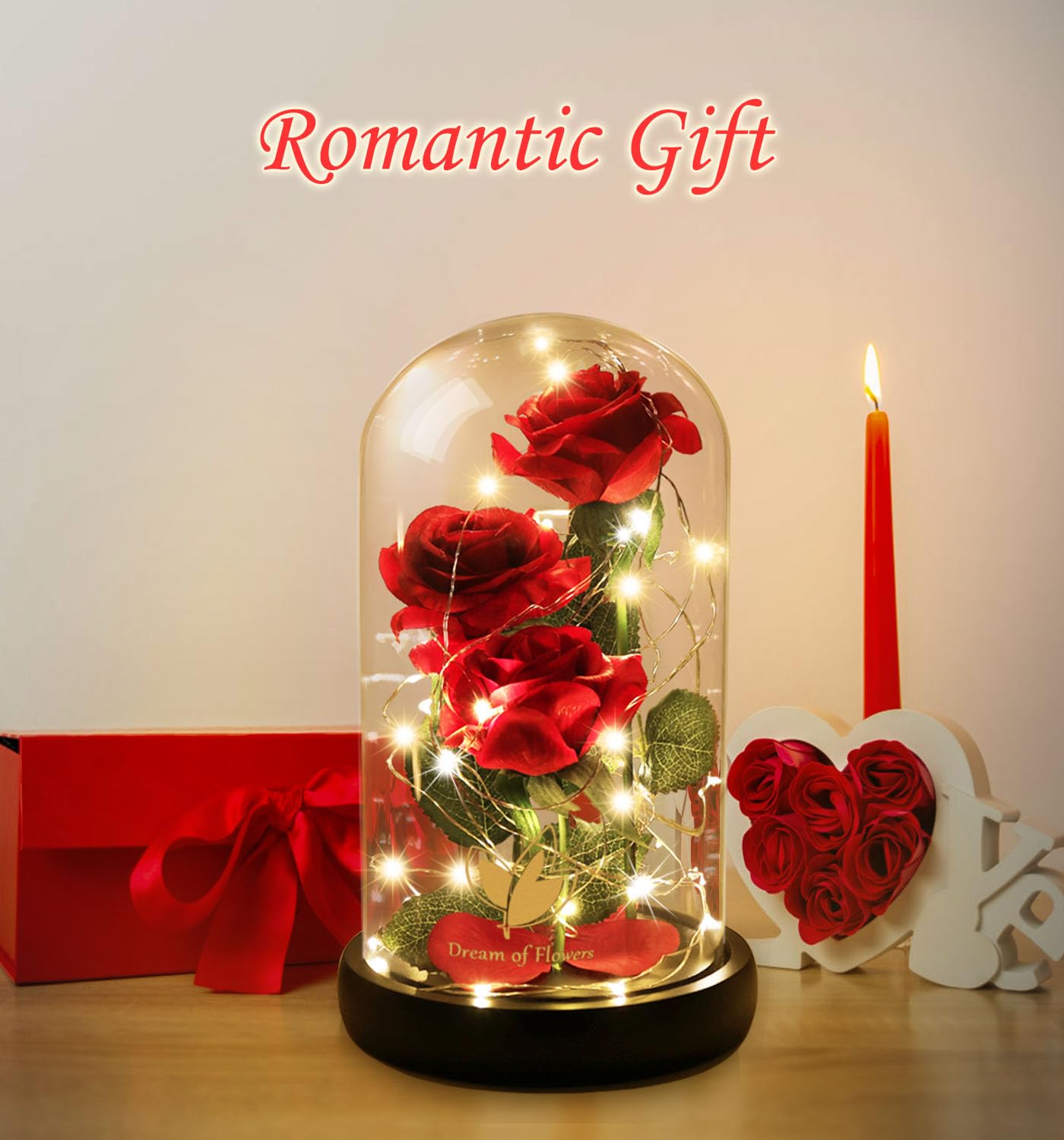 Women Gifts Idea Birthday, Unique Gifts for Mom, Birthday Gifts for Women Anniversary Rose Gift Decorations Beauty and The Beast Rose Flowers Romantic Red Silk Rose Flower in Glass Dome