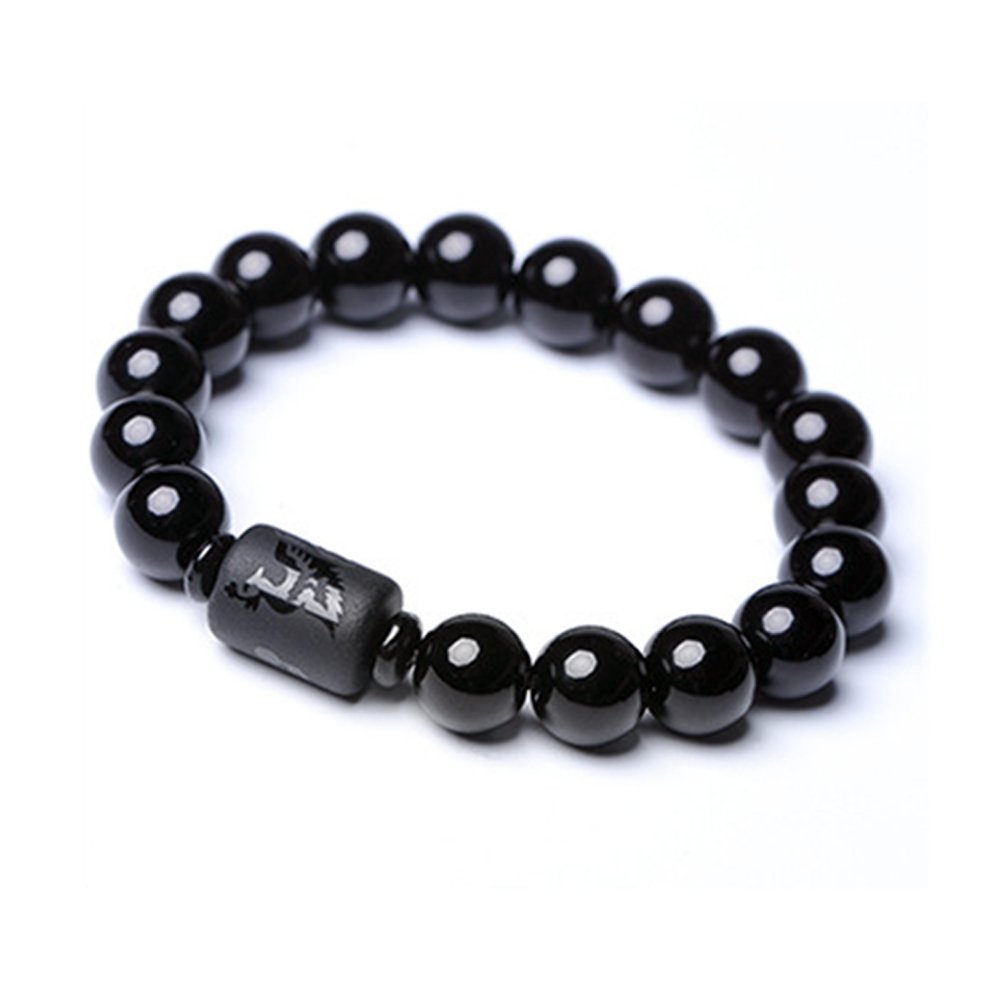 SX Commerce Natural Obsidian Stone Bead Bracelet Couple Men 10mm and Women 8mm Dragon and Phoenix Totem Jewelry (Phoenix)