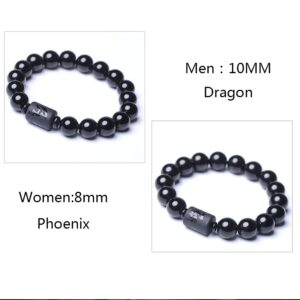 SX Commerce Natural Obsidian Stone Bead Bracelet Couple Men 10mm and Women 8mm Dragon and Phoenix Totem Jewelry (Phoenix)