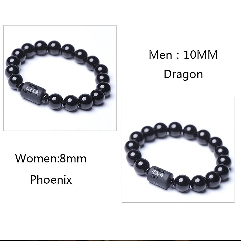 SX Commerce Natural Obsidian Stone Bead Bracelet Couple Men 10mm and Women 8mm Dragon and Phoenix Totem Jewelry (Phoenix)