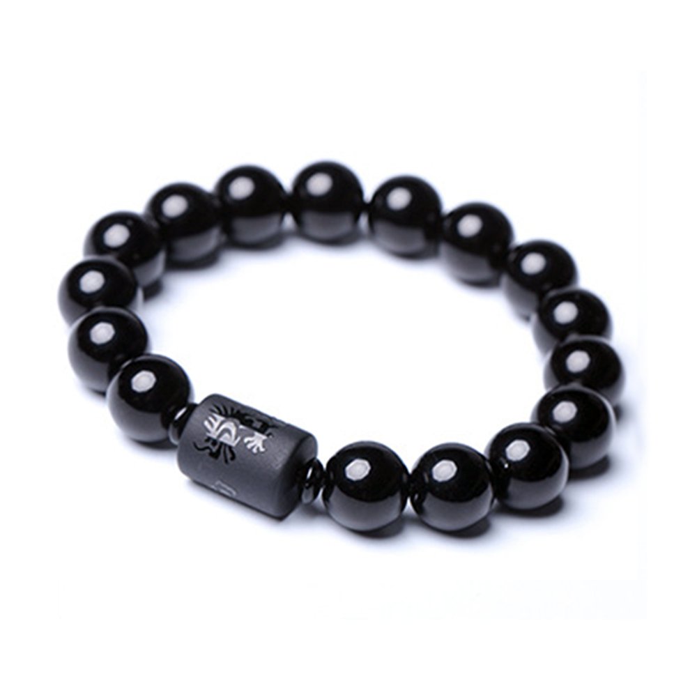 SX Commerce Natural Obsidian Stone Bead Bracelet Couple Men 10mm and Women 8mm Dragon and Phoenix Totem Jewelry (Dragon)