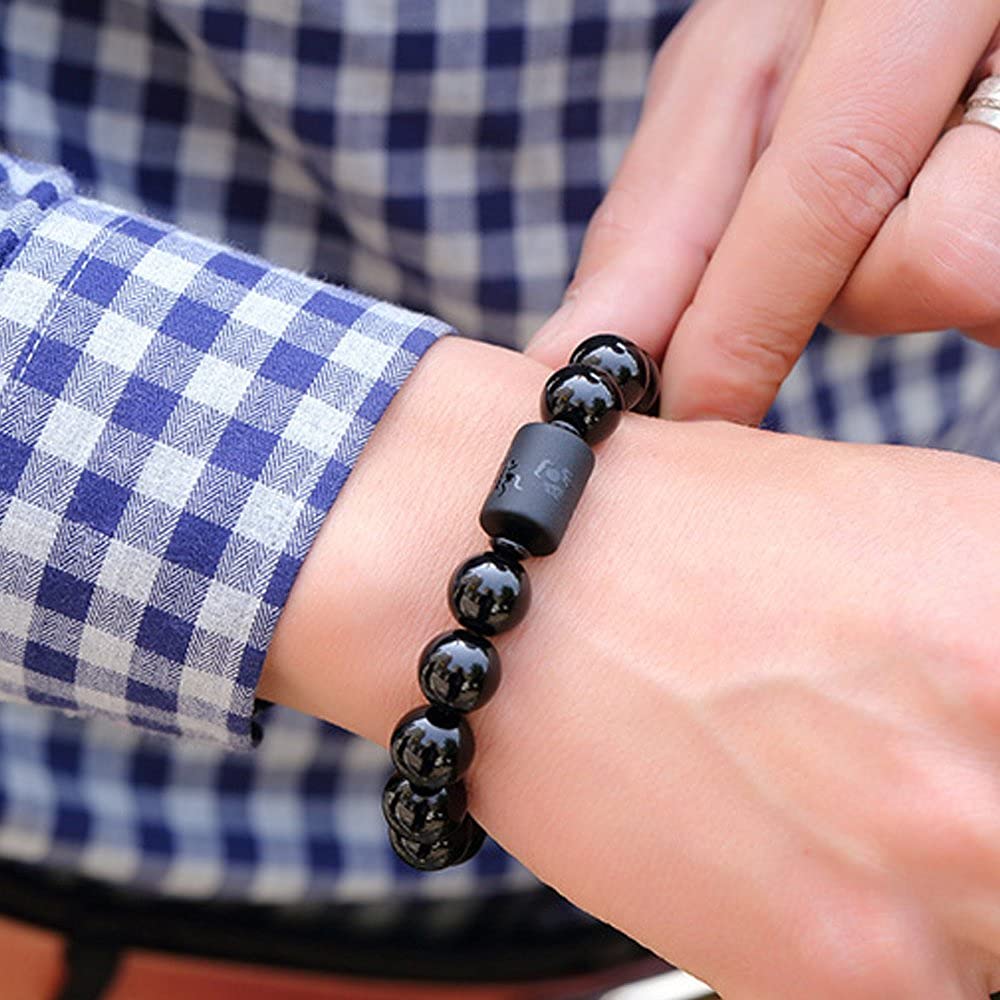 SX Commerce Natural Obsidian Stone Bead Bracelet Couple Men 10mm and Women 8mm Dragon and Phoenix Totem Jewelry (Dragon)