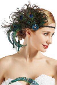 babeyond 1920s flapper peacock feather headband roaring 20s beaded showgirl headpiece 1920s great gatsby costume hair accessories (blue & green)