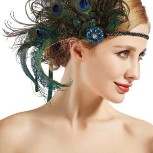 BABEYOND 1920s Flapper Peacock Feather Headband Roaring 20s Beaded Showgirl Headpiece 1920s Great Gatsby Costume Hair Accessories (Blue & Green)