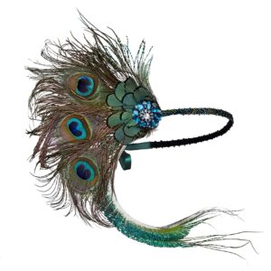 BABEYOND 1920s Flapper Peacock Feather Headband Roaring 20s Beaded Showgirl Headpiece 1920s Great Gatsby Costume Hair Accessories (Blue & Green)