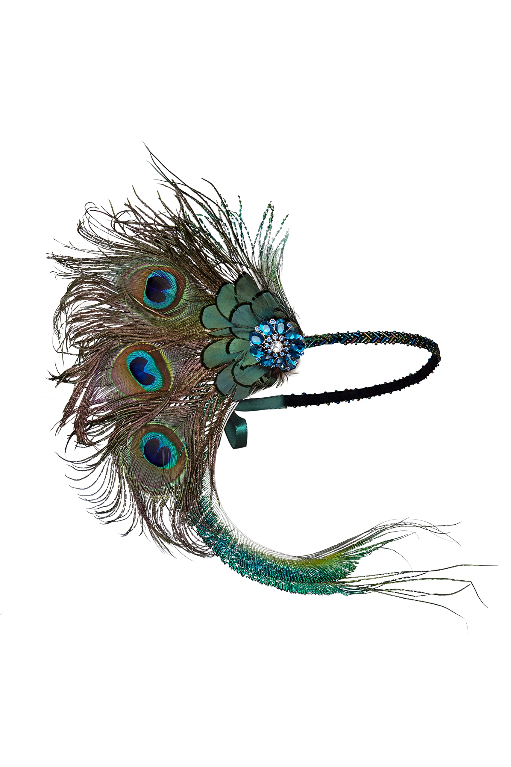 BABEYOND 1920s Flapper Peacock Feather Headband Roaring 20s Beaded Showgirl Headpiece 1920s Great Gatsby Costume Hair Accessories (Blue & Green)