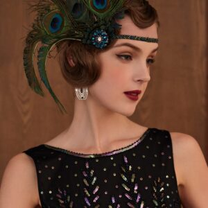 BABEYOND 1920s Flapper Peacock Feather Headband Roaring 20s Beaded Showgirl Headpiece 1920s Great Gatsby Costume Hair Accessories (Blue & Green)