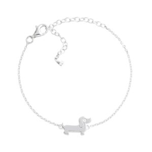 vivid&keith womens girls 925 real sterling silver 18k plated swarovski zirconia cute animal dog gift fashion jewelry link chain charm pendant bangle bracelet, dachshund, white gold plated