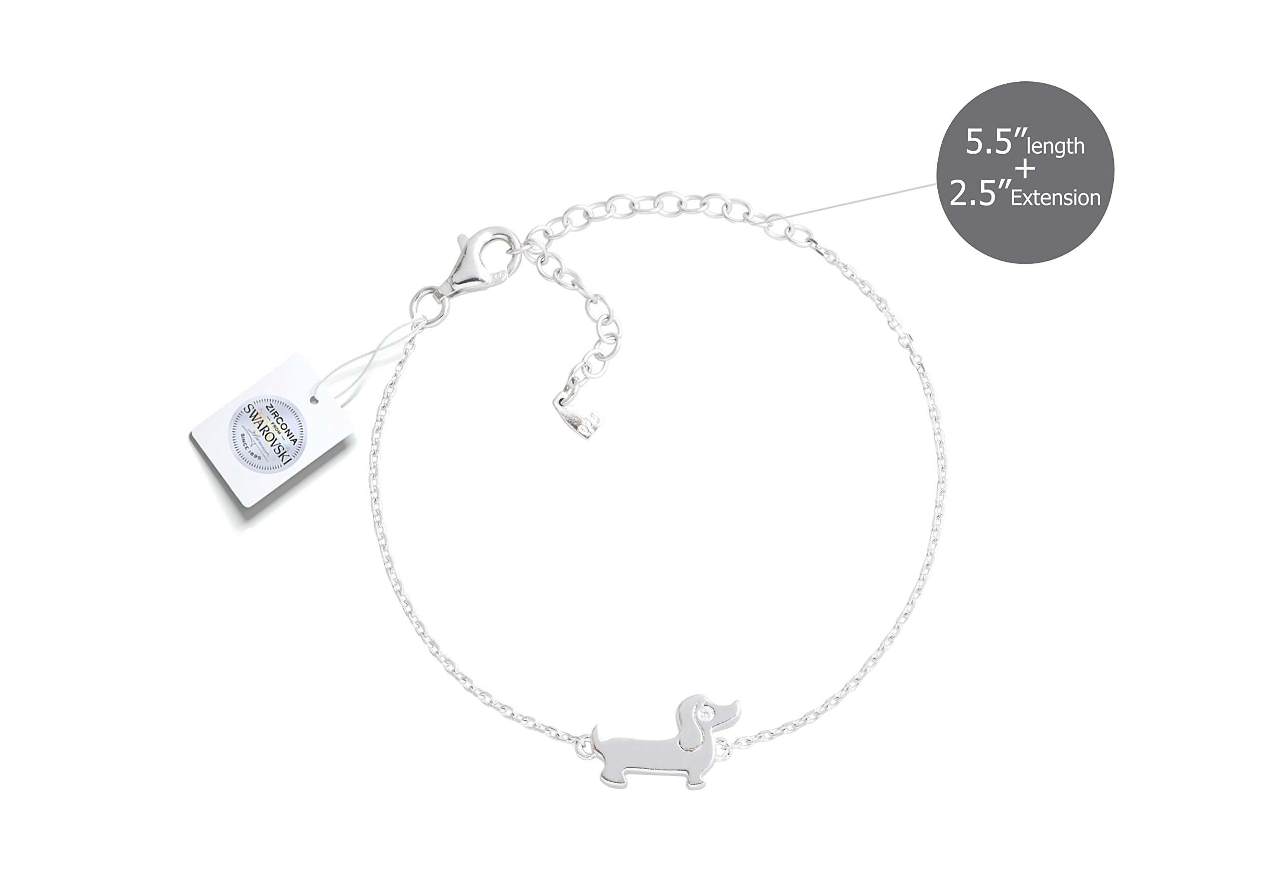 Vivid&Keith Womens Girls 925 Real Sterling Silver 18K Plated Swarovski Zirconia Cute Animal Dog Gift Fashion Jewelry Link Chain Charm Pendant Bangle Bracelet, Dachshund, White Gold Plated