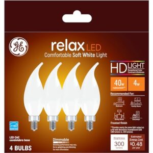 ge relax led light bulbs, 40 watt, soft white candle lights, decorative light bulbs, frosted, small base (36985), 4 bulbs