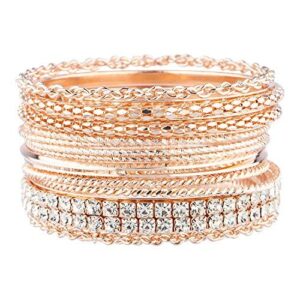 LUX ACCESSORIES Women's Pave Braided Mesh Wire Multi Bangle Set (ROSEGOLD)