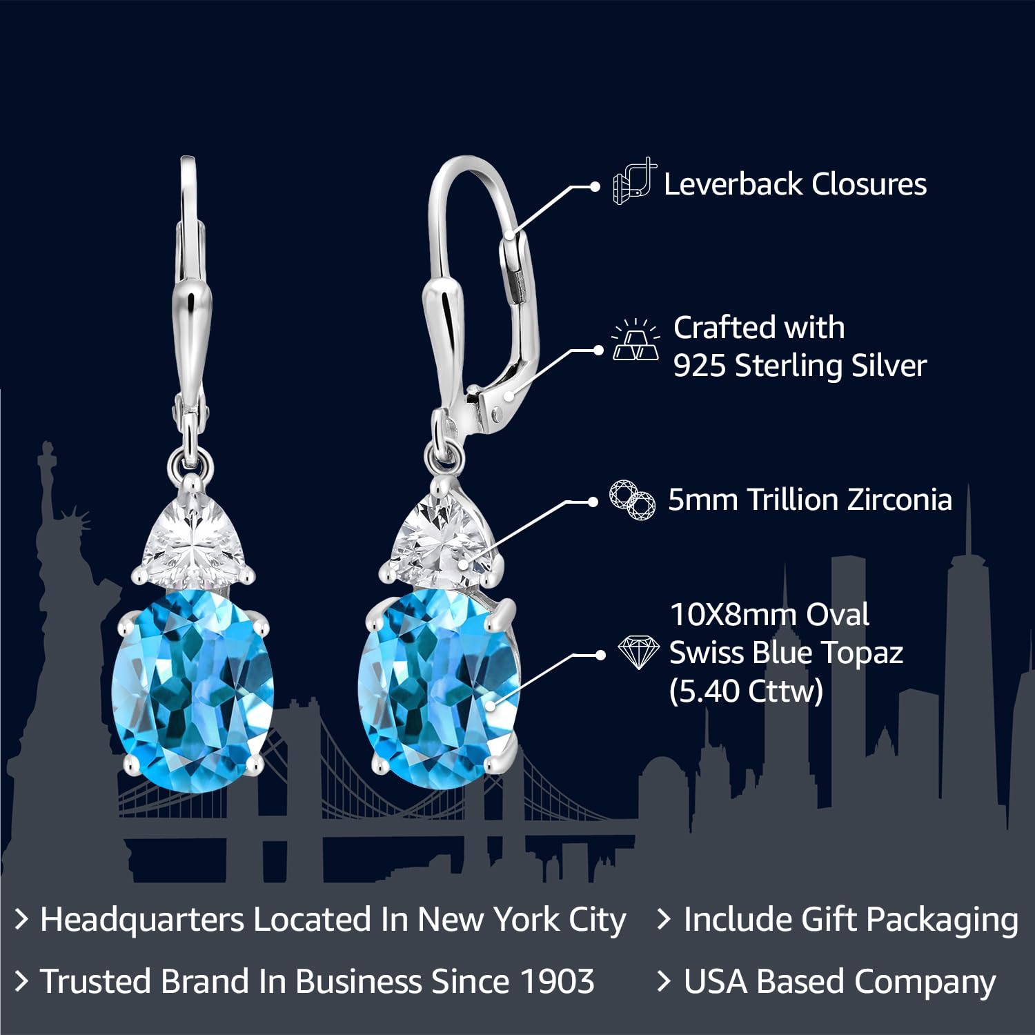 Gem Stone King 925 Sterling Silver Swiss Blue Topaz Dangle Earrings For Women | 5.40 Cttw | Gemstone November Birthstone | Oval 10X8MM | Trillion 5MM