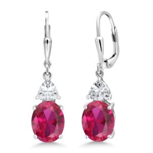 gem stone king 925 sterling silver red created ruby and white zirconia dangle earrings for women (5.00 cttw, gemstone july birthstone, oval 10x8mm, trillion 5mm)