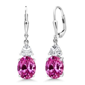 gem stone king 925 sterling silver pink created sapphire and white zirconia dangle earrings for women (6.50 cttw, gemstone september birthstone, oval 10x8mm, trillion 5mm)