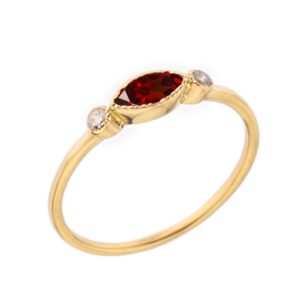 10k yellow gold, marquise cut red garnet & white topaz three stone bezel set milgrain stackable birthstone engagement ring - size 4-1/2