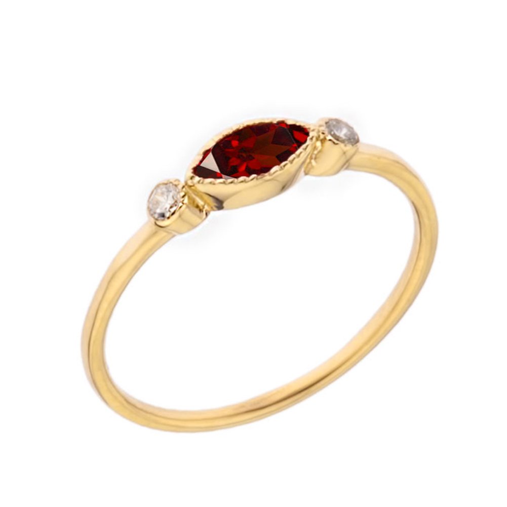 10K Yellow Gold, Marquise Cut Red Garnet & White Topaz Three Stone Bezel Set Milgrain Stackable Birthstone Engagement Ring - Size 4-1/2