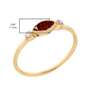 10K Yellow Gold, Marquise Cut Red Garnet & White Topaz Three Stone Bezel Set Milgrain Stackable Birthstone Engagement Ring - Size 4-1/2