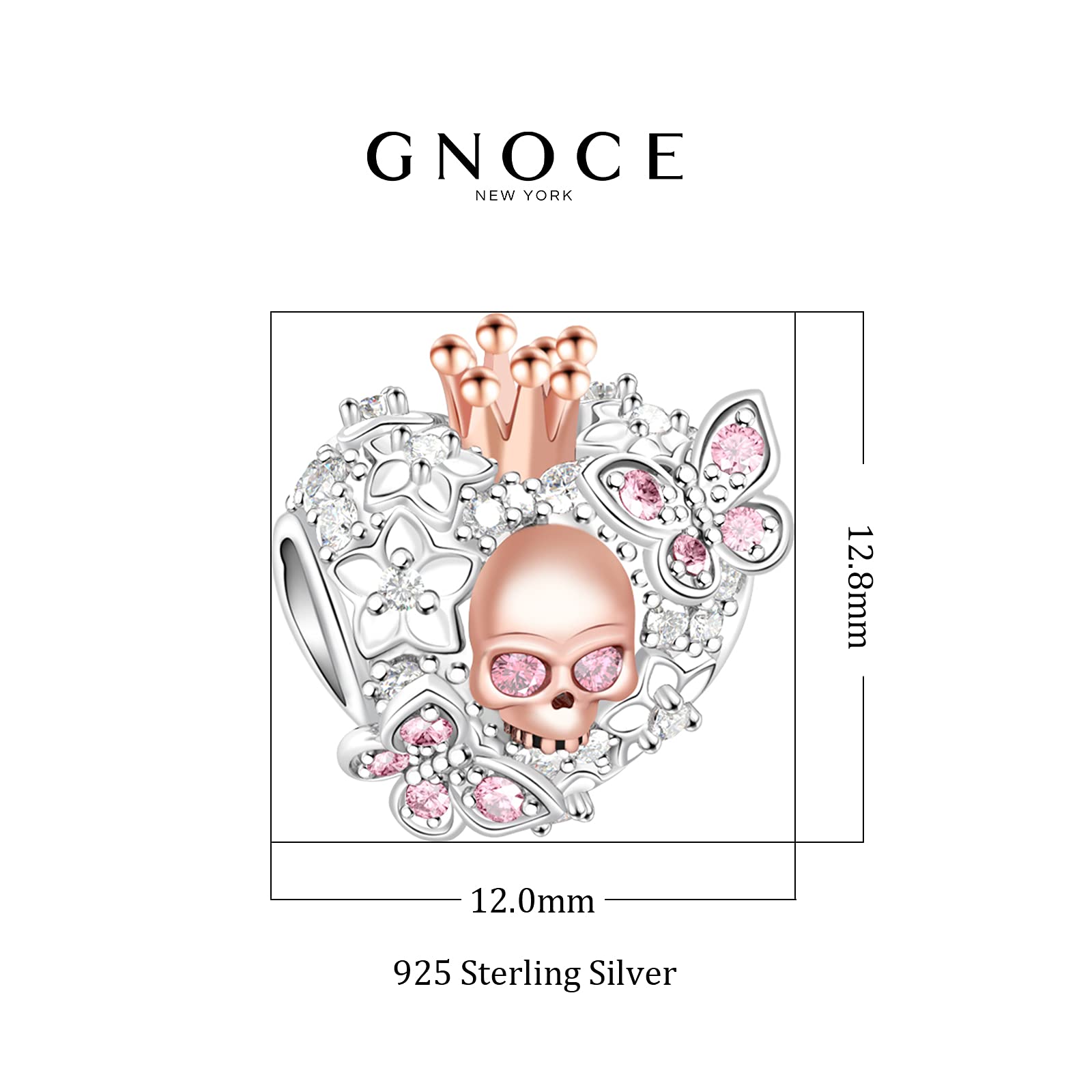 GNOCE Heart Skull Charm 925 Sterling Silver Rose Gold Plated Skull Queen & Butterfly Bead Charms Fits Bracelets Necklaces for Women