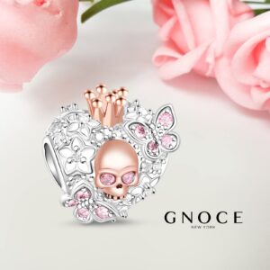 GNOCE Heart Skull Charm 925 Sterling Silver Rose Gold Plated Skull Queen & Butterfly Bead Charms Fits Bracelets Necklaces for Women