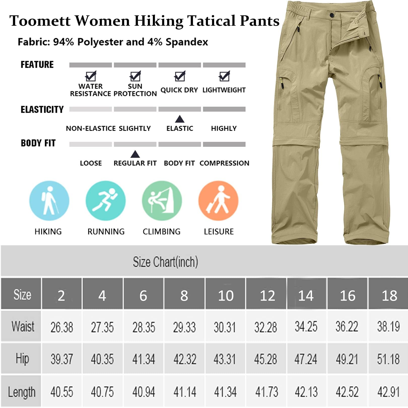 Womens Hiking Pants Convertible Outdoor Waterproof Quick Dry Zip Off Lightweight Fishing Cargo Pants 4409,Khaki,2