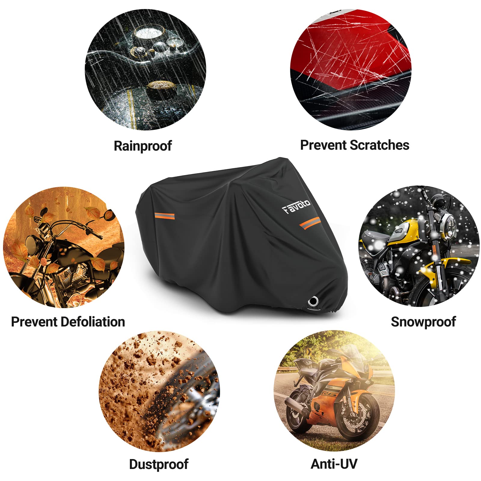 Favoto Motorcycle Cover All Season Universal Weather Quality Waterproof Sun Outdoor Protection Night Reflective with Lock-Holes & Storage Bag Fits up to 96.5" Motorcycles Vehicle Cover