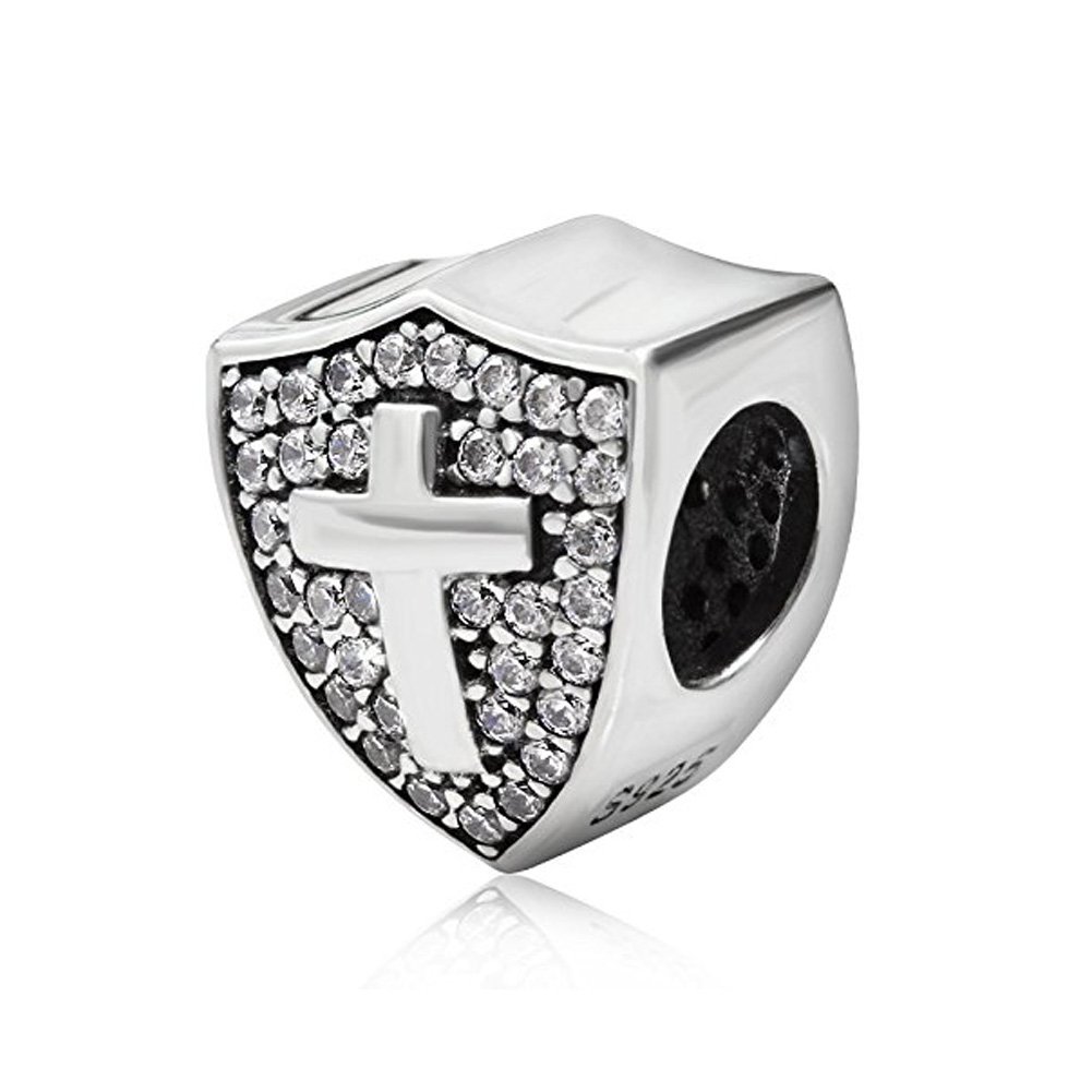 ARTCHARM Shield Charm Cross Charm with Clear Cz 925 Sterling Silver Cross CHARM,Keep Faith Charm Bible Charm Beads