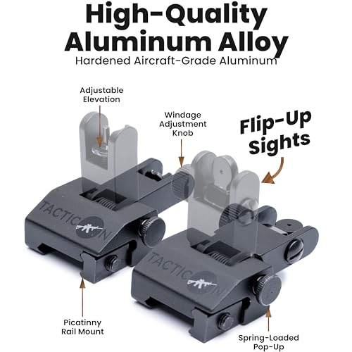 Tacticon Flip Up Iron Sights - includes Front Sight Adjustment Tool - Rapid Transition Backup Front and Rear Iron Sight BUIS Set Picatinny Rail and Weaver Rail