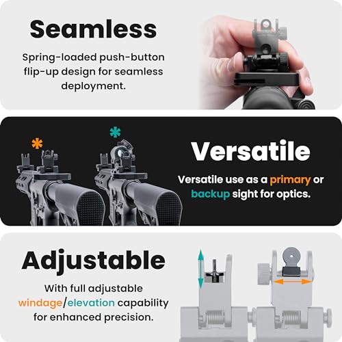 Tacticon Flip Up Iron Sights - includes Front Sight Adjustment Tool - Rapid Transition Backup Front and Rear Iron Sight BUIS Set Picatinny Rail and Weaver Rail