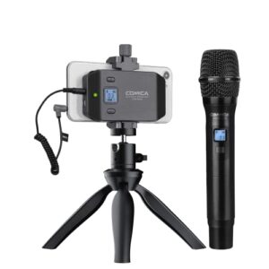 wireless microphone for smartphone, comica cvm-ws50(h) handheld microphone for iphone/android phones interview, professional recording mic for sing video vlog youtube tiktok facebook livestream