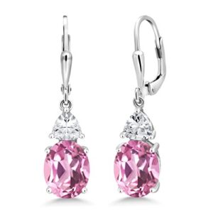 gem stone king 925 sterling silver light pink created sapphire and white zirconia dangle earrings for women (6.00 cttw, gemstone september birthstone, oval 10x8mm, trillion 5mm)