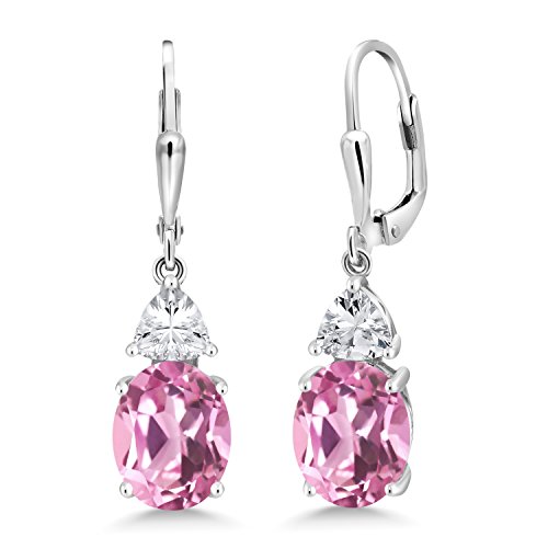 Gem Stone King 925 Sterling Silver Light Pink Created Sapphire and White Zirconia Dangle Earrings For Women (6.00 Cttw, Gemstone September Birthstone, Oval 10X8MM, Trillion 5MM)