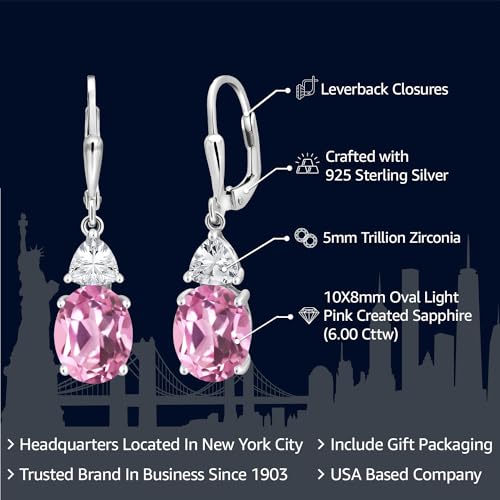 Gem Stone King 925 Sterling Silver Light Pink Created Sapphire and White Zirconia Dangle Earrings For Women (6.00 Cttw, Gemstone September Birthstone, Oval 10X8MM, Trillion 5MM)