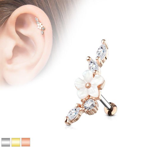 Lobal Domination 1 Piece Mother of Pearl Flower Gem Vine Tragus Helix Cartilage Barbell Ring - 16g 1/4" (Gold)