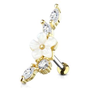 lobal domination 1 piece mother of pearl flower gem vine tragus helix cartilage barbell ring - 16g 1/4" (gold)