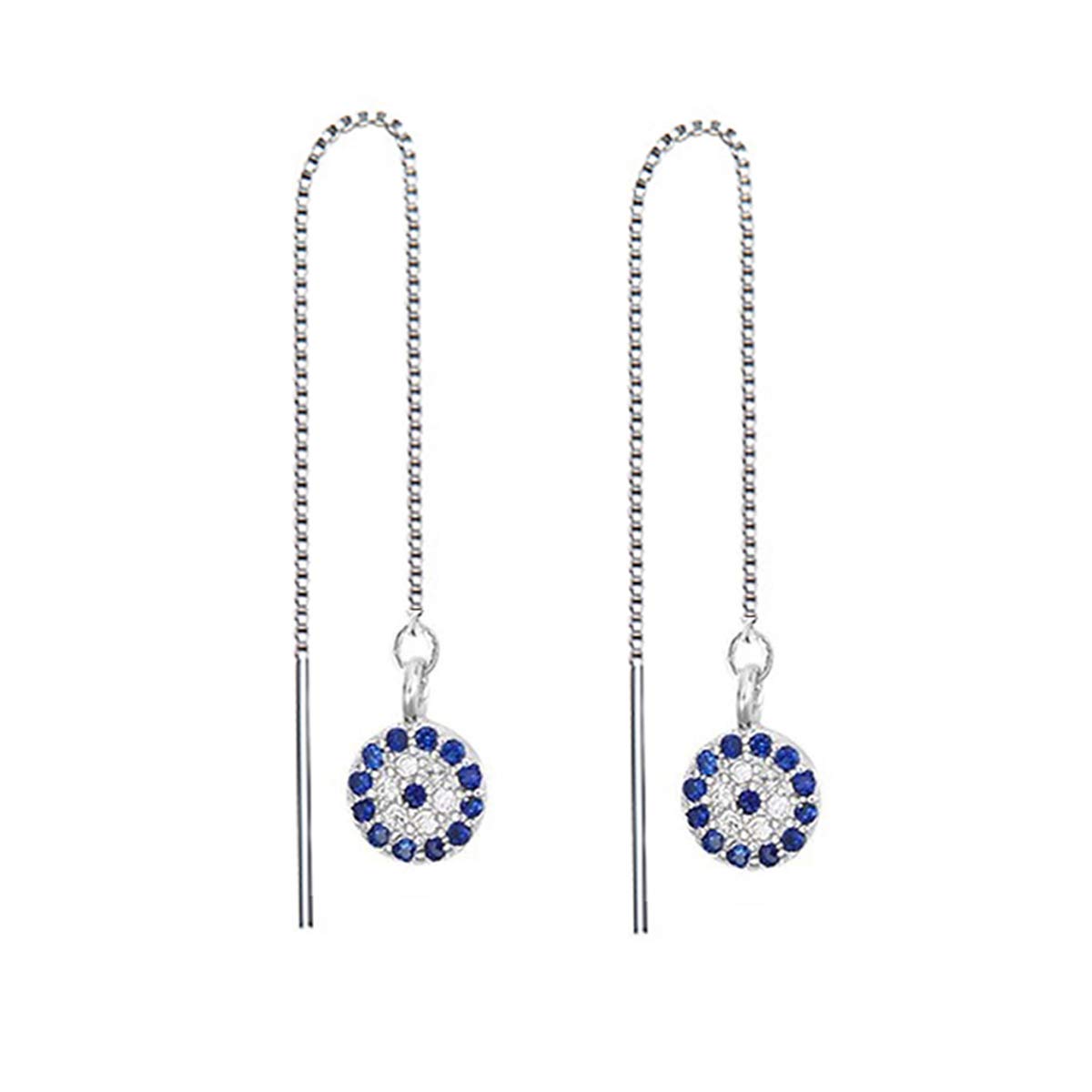 SLUYNZ 925 Sterling Silver Evil Eye Dangle Earrings Chain for Women Blue Eye Threader Earrings (A-Silver)