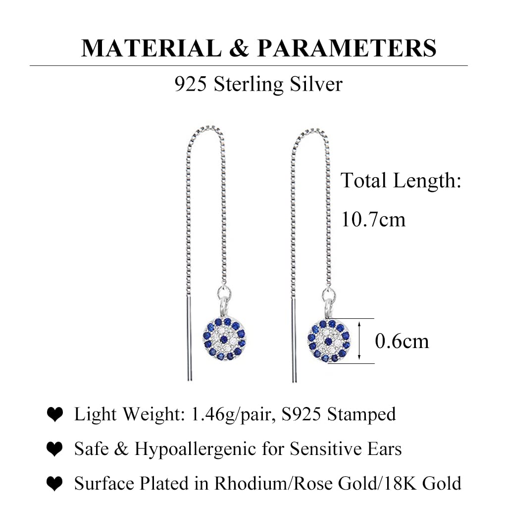 SLUYNZ 925 Sterling Silver Evil Eye Dangle Earrings Chain for Women Blue Eye Threader Earrings (A-Silver)