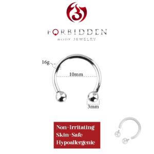 Forbidden Body Jewelry 16g 10mm Solid Titanium Internally Threaded Horseshoe Ring with 3mm Balls