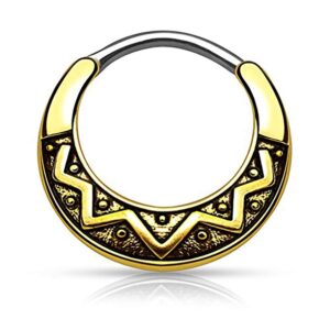 forbidden body jewelry 16g 8mm antique finish surgical steel tribal design hoop (gold/symbols)