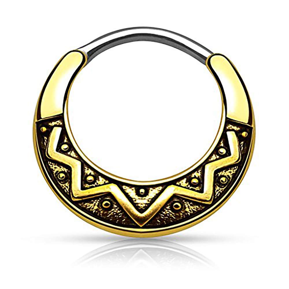 Forbidden Body Jewelry 16g 8mm Antique Finish Surgical Steel Tribal Design Hoop (Gold/Symbols)