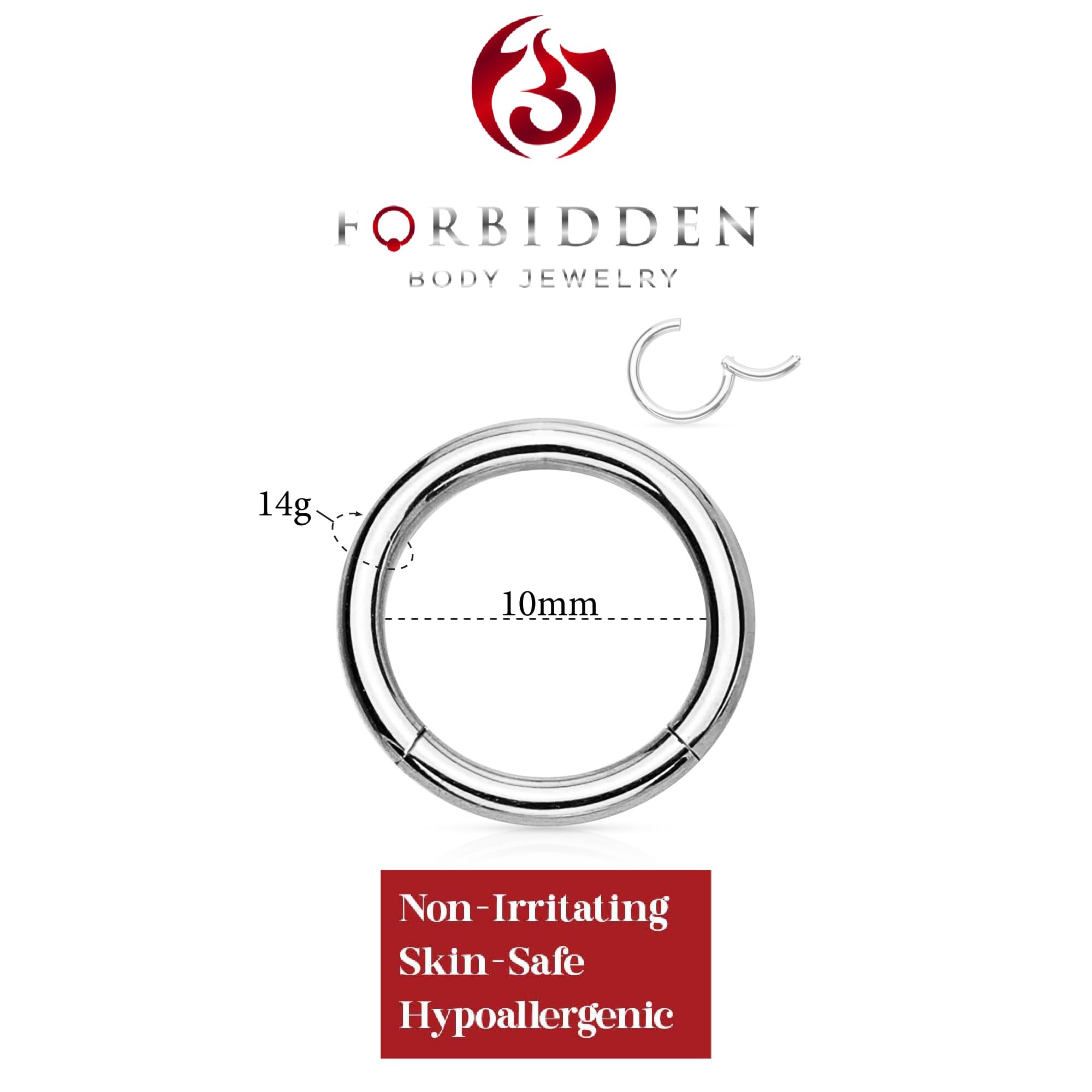 Forbidden Body Jewelry conch piercing jewelry, daith earrings, tragus hoop, 14g 10mm Titanium Hinged Seamless Body Piercing Hoop ring